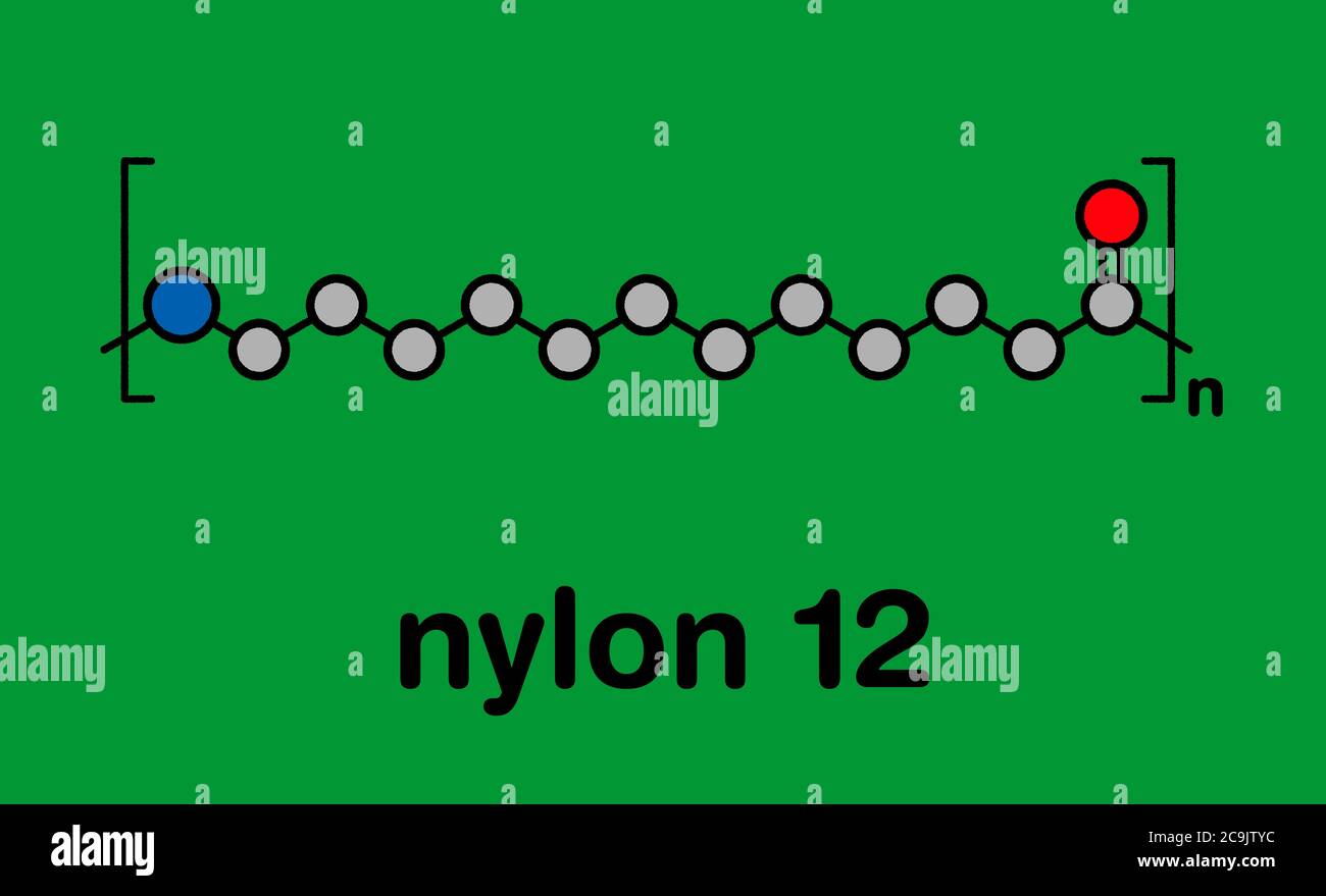 Nylon 12 polymer, chemical structure. Stylized skeletal formula: Atoms ...