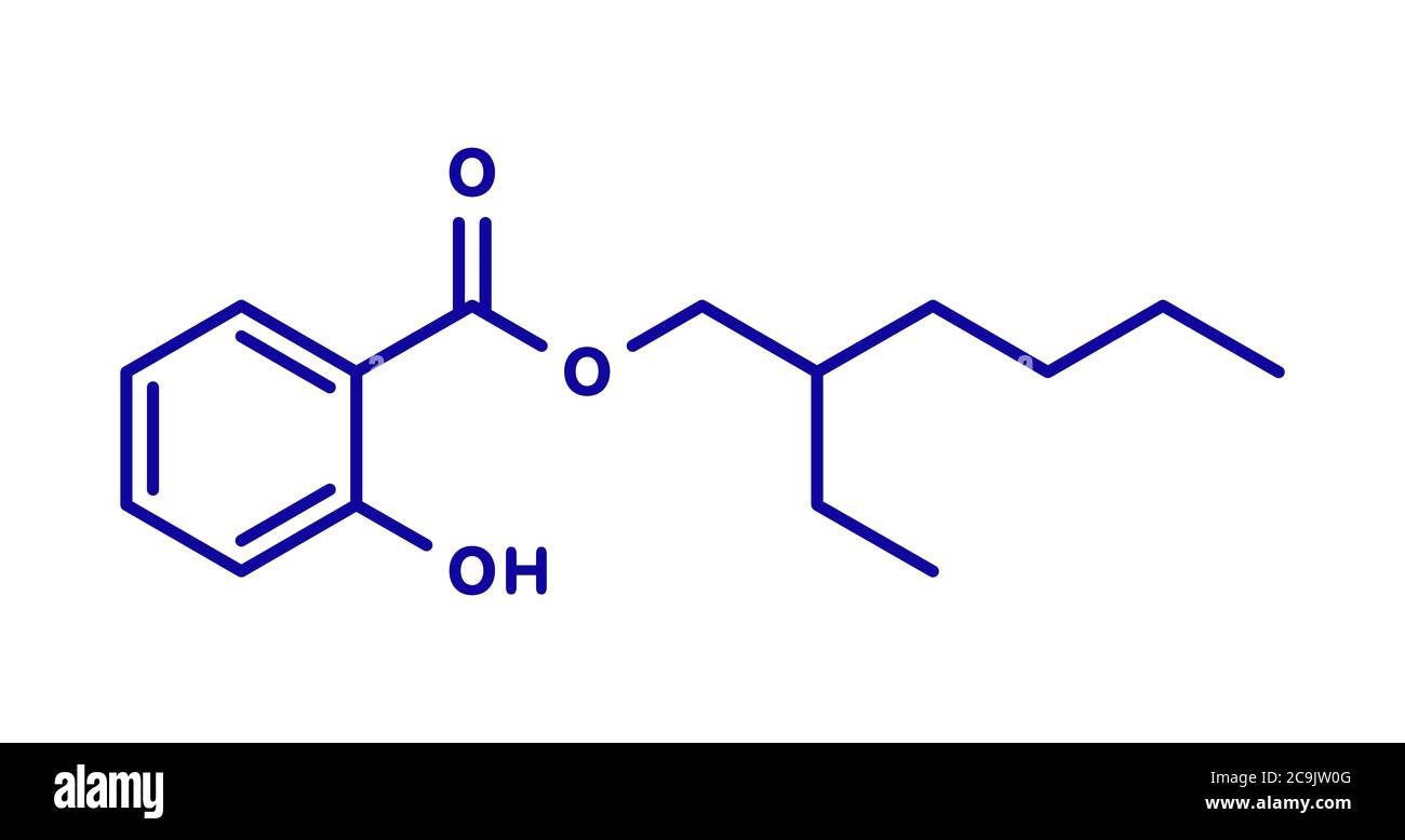 Octyl salicylate (octisalate) sunscreen molecule (UV filter). Blue ...