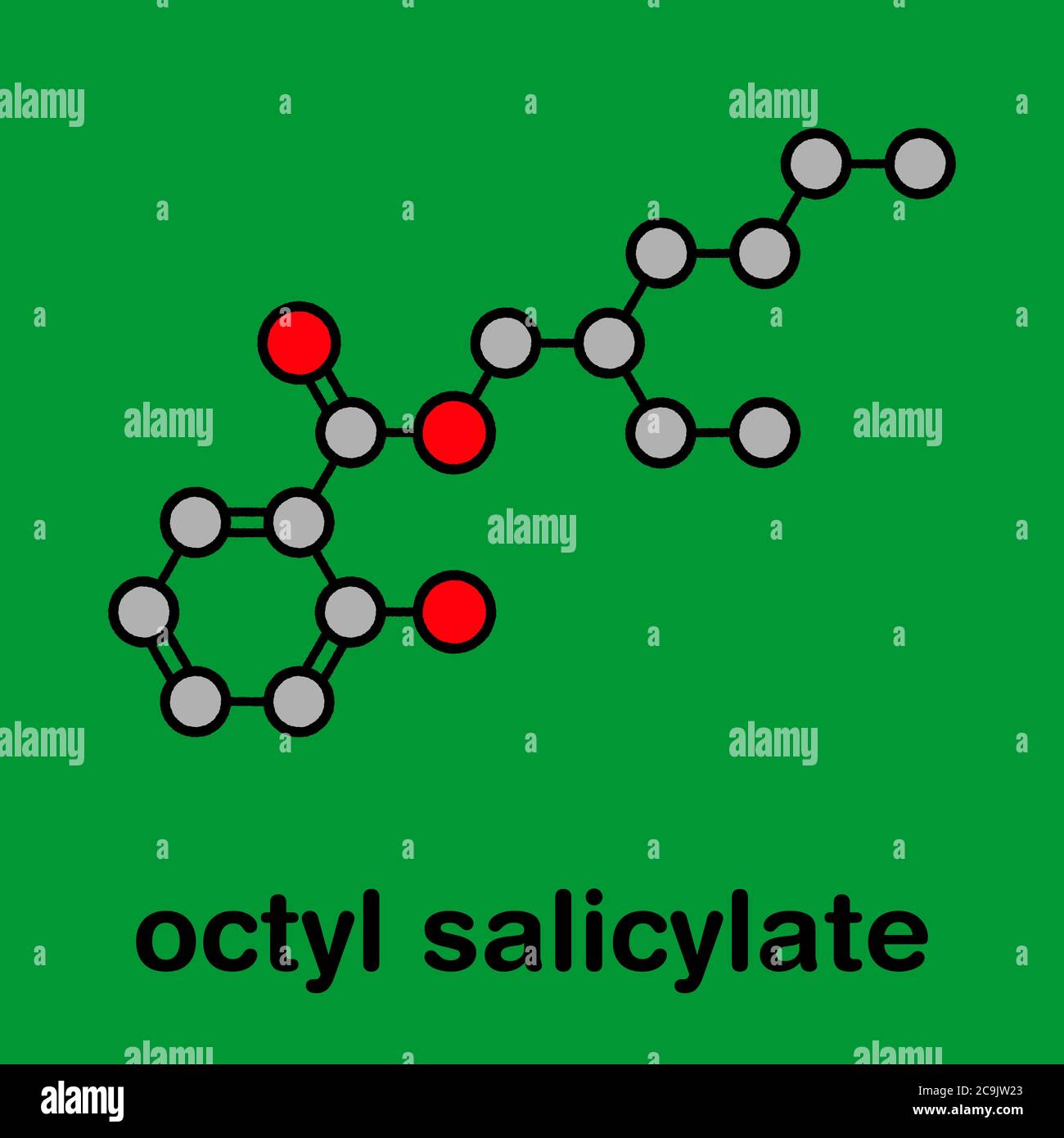 Octyl salicylate (octisalate) sunscreen molecule (UV filter). Stylized ...