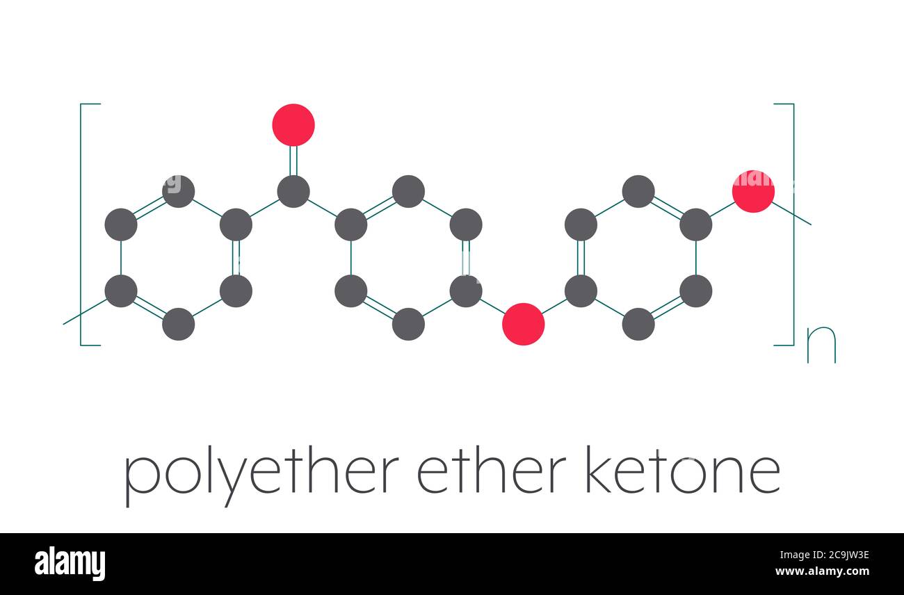 Polyether ether ketone (PEEK) polymer, chemical structure. Stylized skeletal formula: Atoms are ...