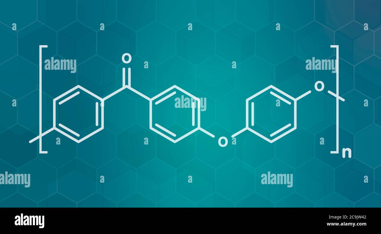 Polyether ether ketone (PEEK) polymer, chemical structure. White ... Polyether ether ketone (PEEK) polymer, chemical structure. White ...