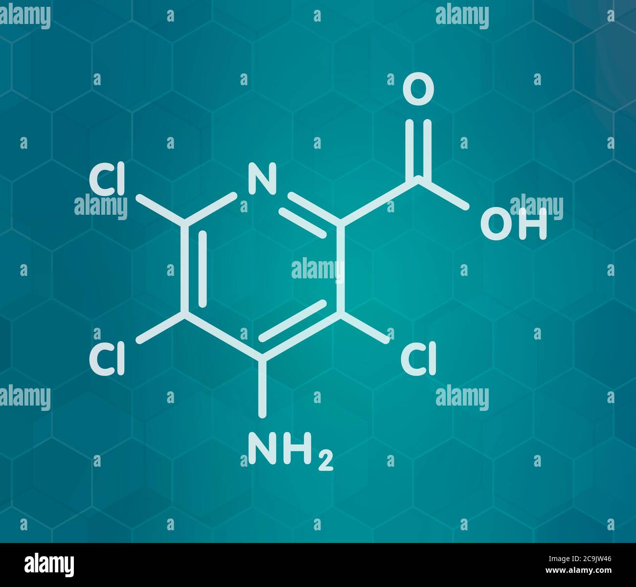 Picloram herbicide molecule. White skeletal formula on dark teal ...