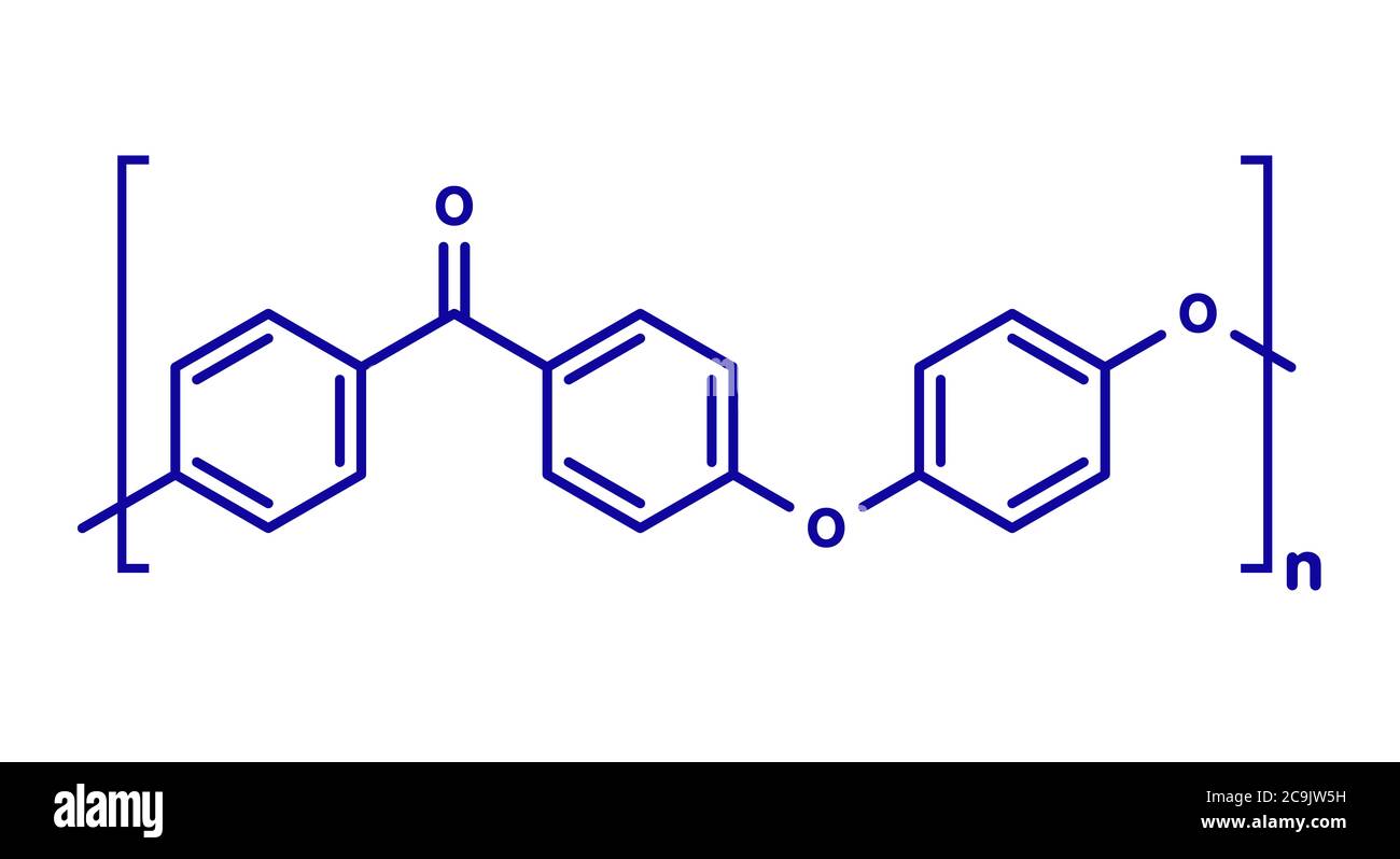 Polyether ether ketone (PEEK) polymer, chemical structure. Blue ...