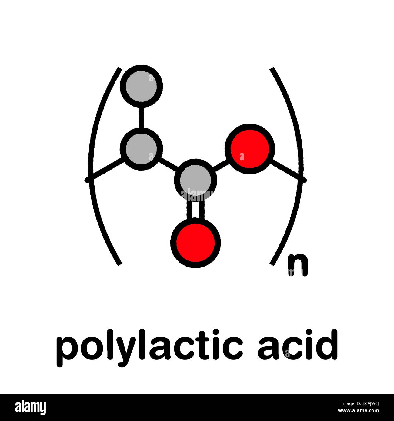Polylactic acid (PLA, polylactide) bioplastic, chemical structure. Stylized skeletal formula ...