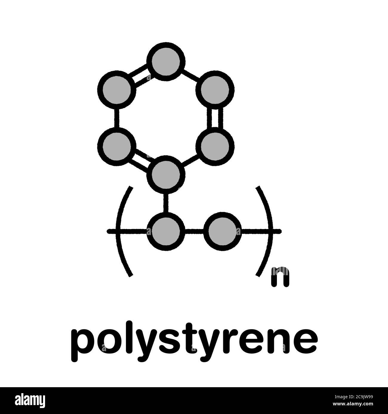 Polystyrene (PS) plastic, chemical structure. Stylized skeletal formula ...
