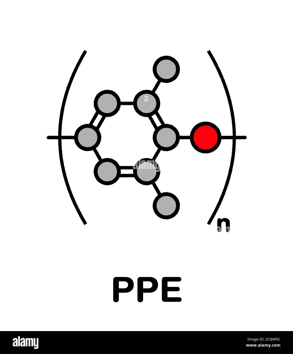 Poly(p-phenylene oxide) (PPO) polymer, chemical structure. Also known as poly(p-phenylene ether ...