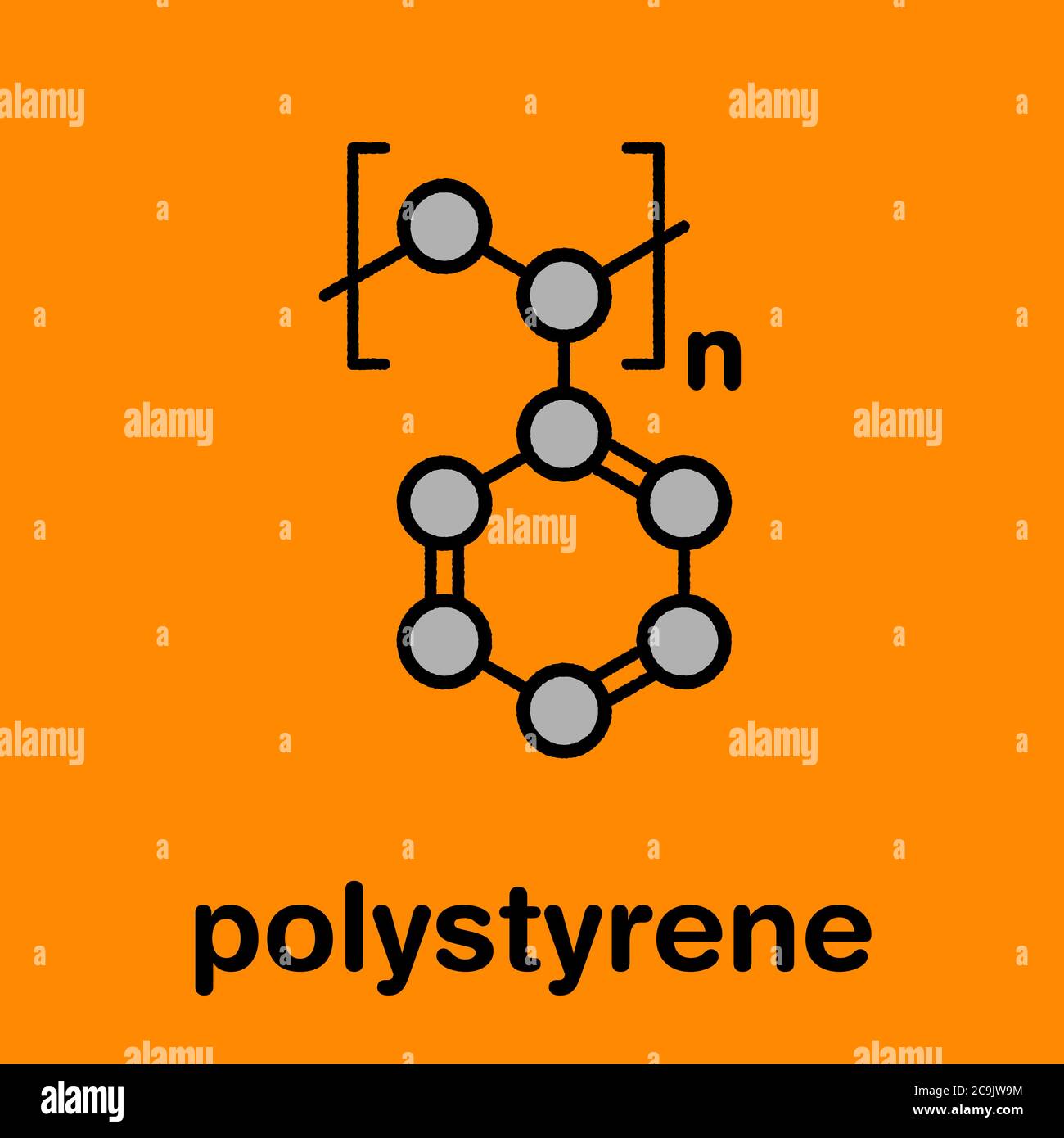 Polystyrene (PS) plastic, chemical structure. Stylized skeletal formula ...