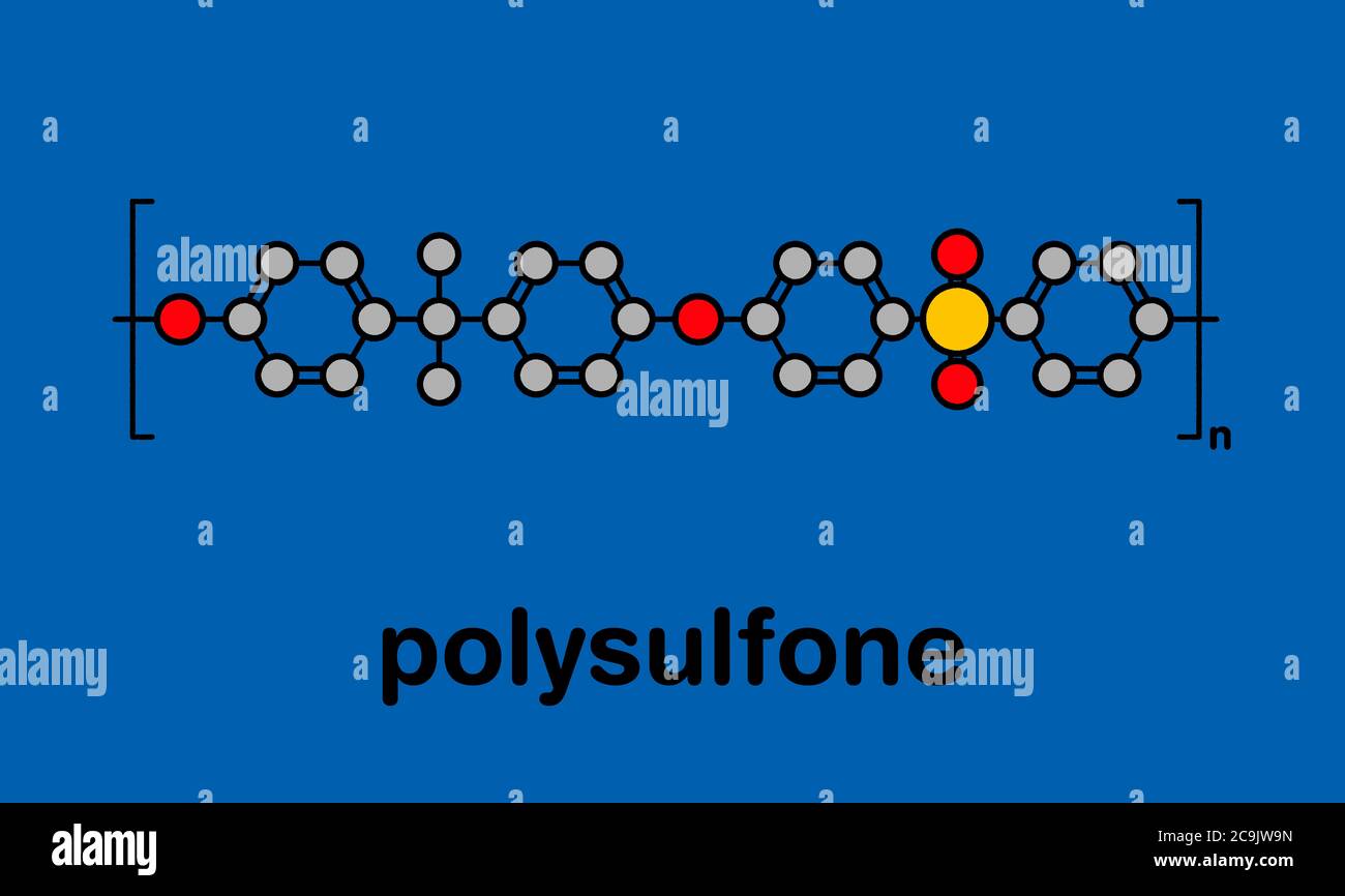 Polysulfone, basic chemical structure. Stylized skeletal formula: Atoms ...