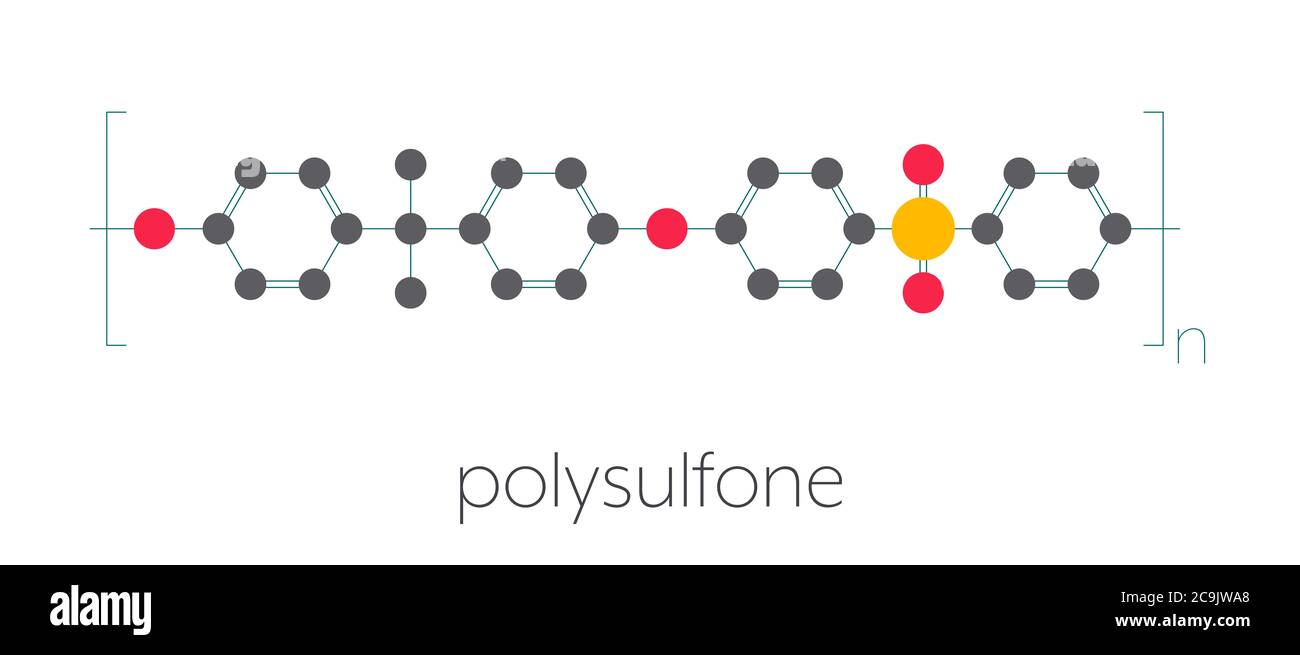Polysulfone, basic chemical structure. Stylized skeletal formula: Atoms ...