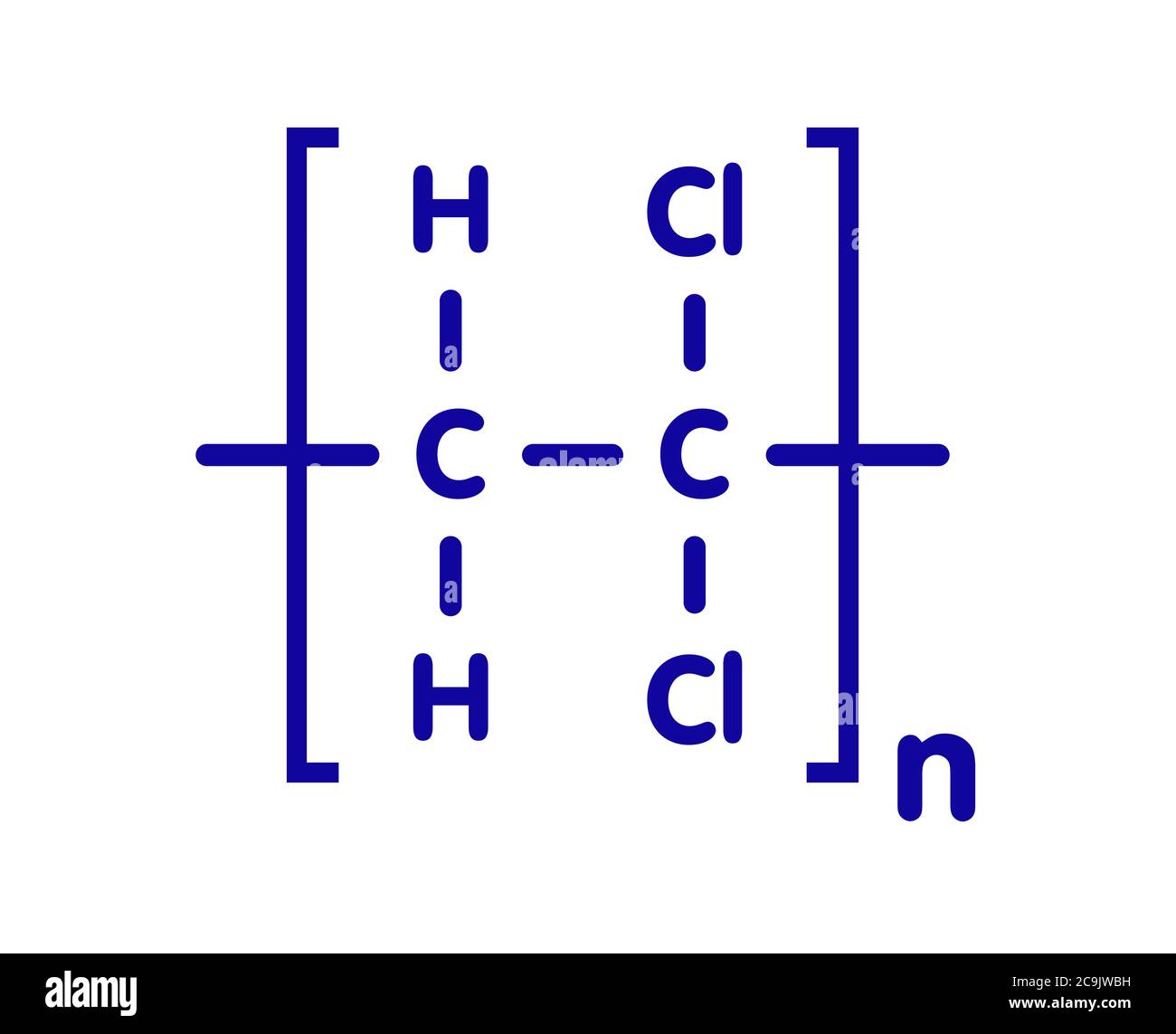 Polyvinylidene chloride (PVDC) polymer, chemical structure. Blue ...