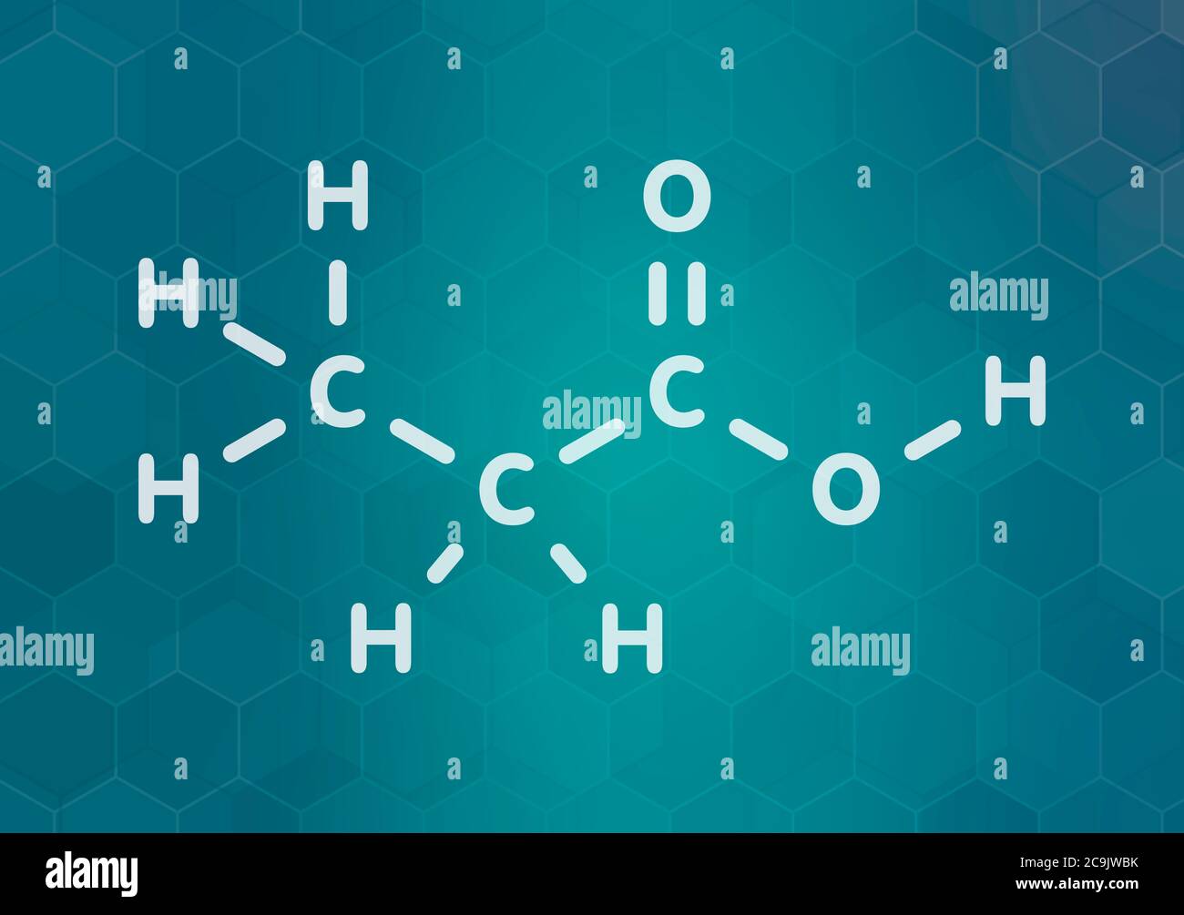 Propionic acid (propanoic acid) molecule. Used as preservative in food ...