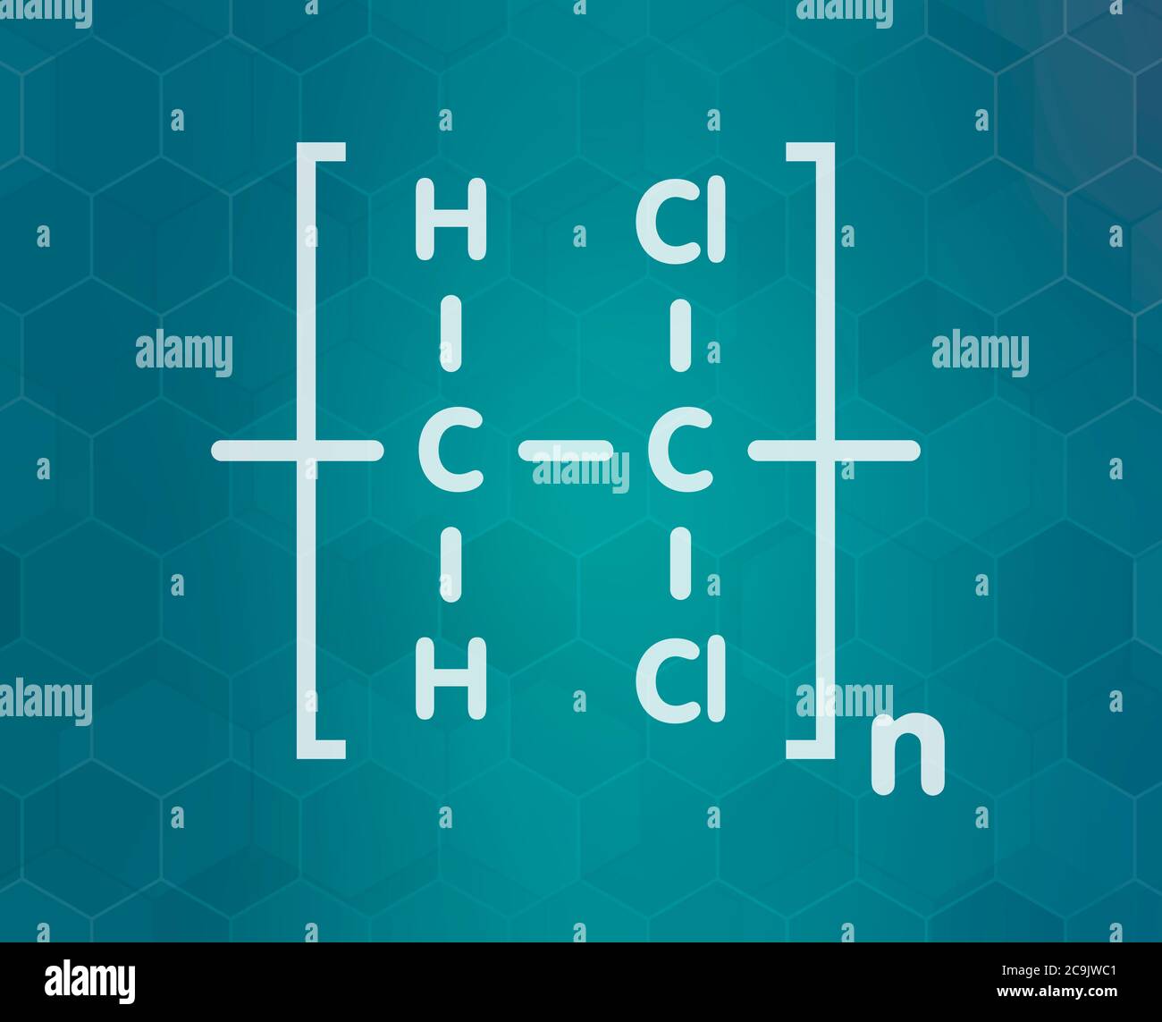 Polyvinylidene chloride (PVDC) polymer, chemical structure. White ...