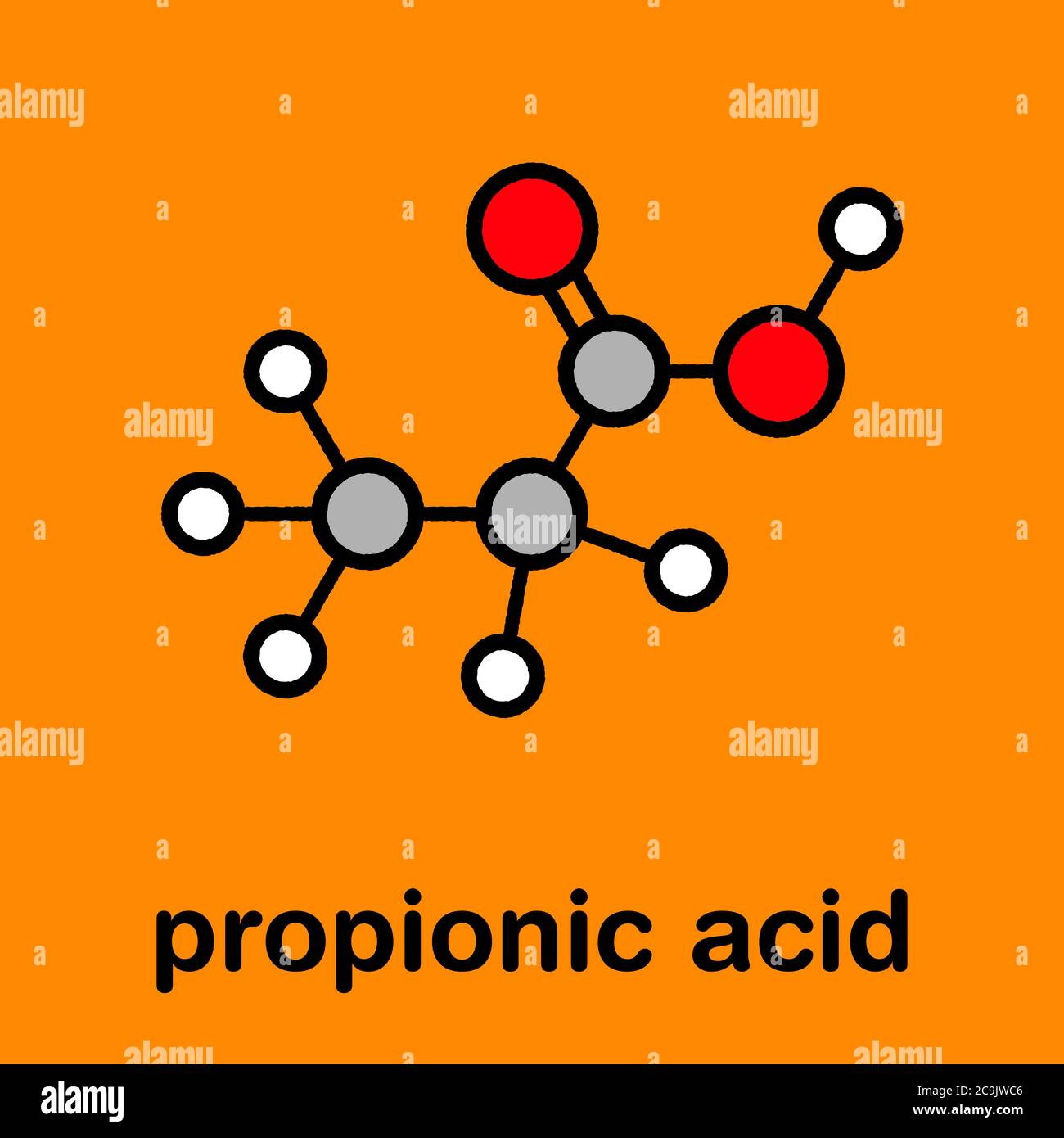 Propionic acid (propanoic acid) molecule. Used as preservative in food ...