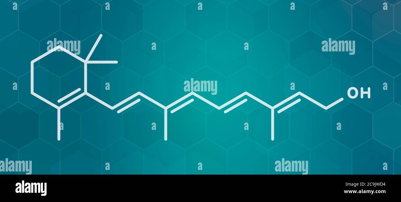 Vitamin A (retinol) molecule. White skeletal formula on dark teal ...