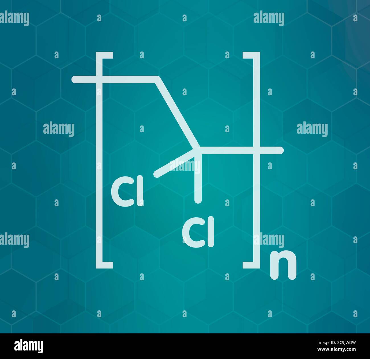 Polyvinylidene chloride (PVDC) polymer, chemical structure. White ...