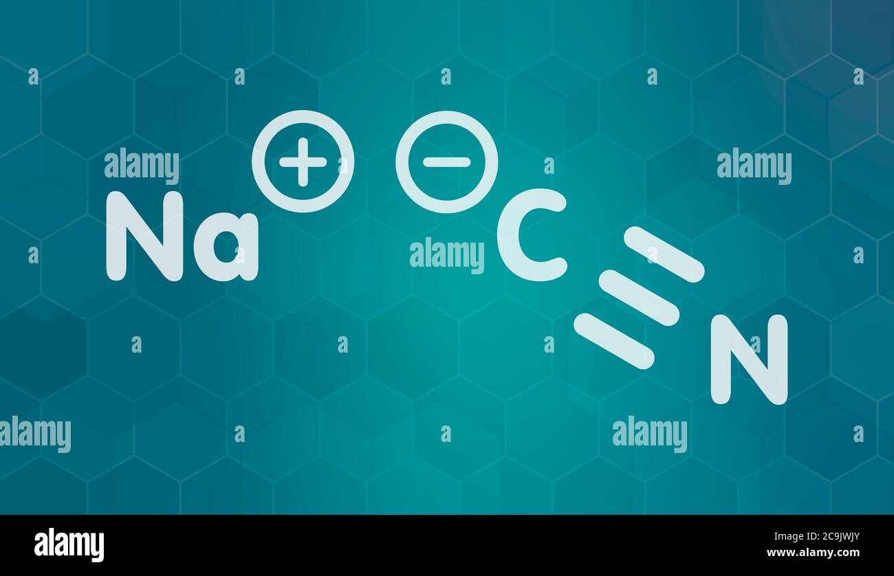 Sodium cyanide, chemical structure. White skeletal formula on dark teal ...