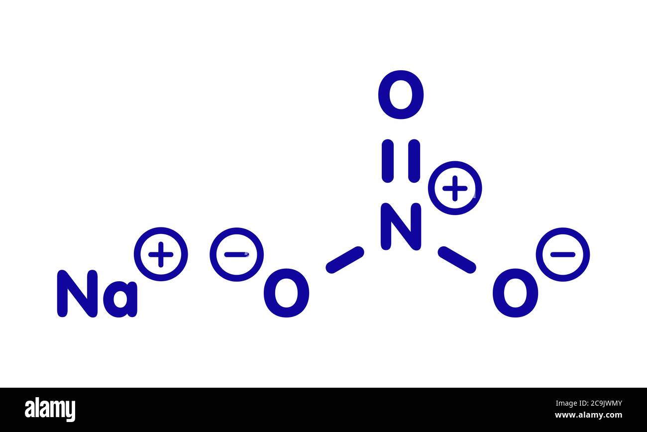 Sodium nitrate, chemical structure. Blue skeletal formula on white ... Sodium nitrate, chemical structure. Blue skeletal formula on white ...