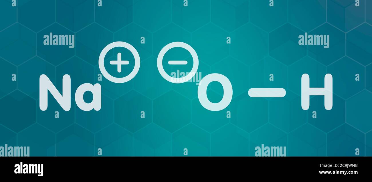 Sodium hydroxide (lye, caustic soda), chemical structure. White ...