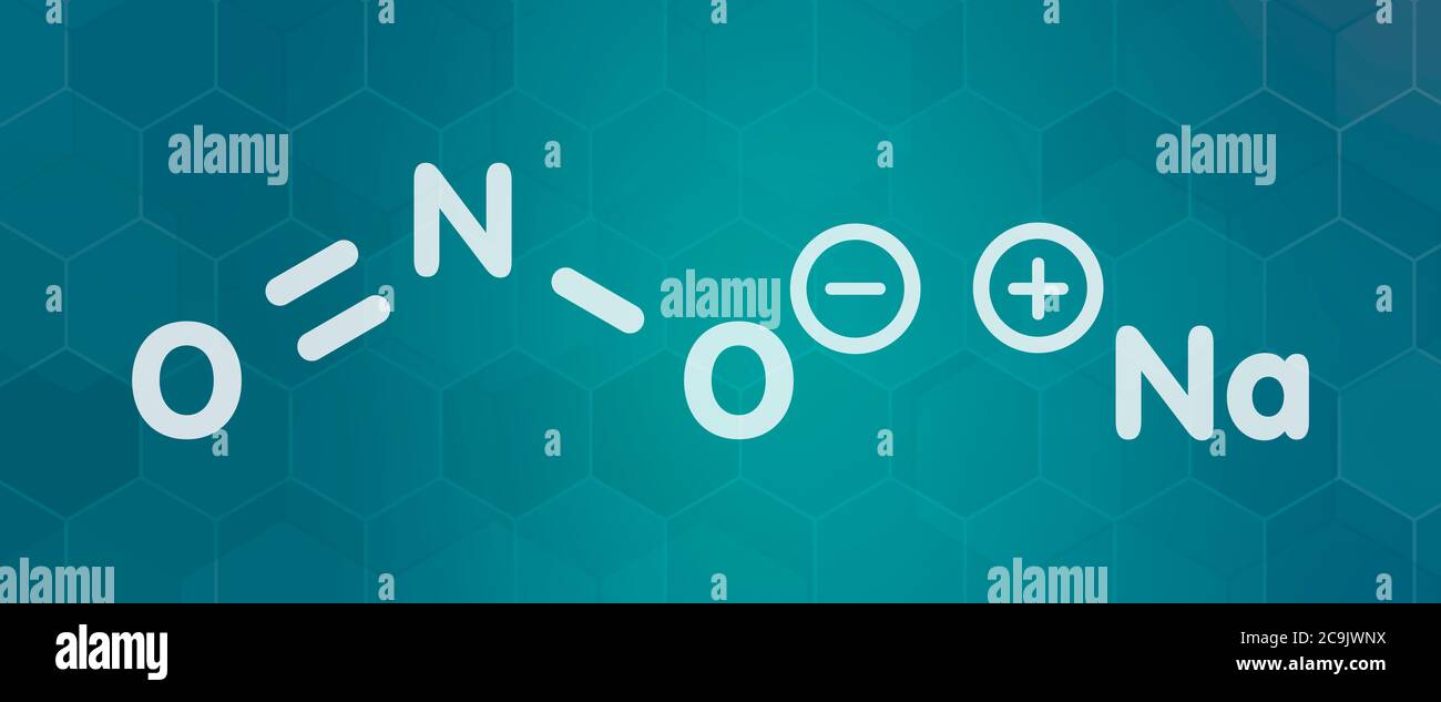 Sodium nitrite, chemical structure. Used in the curing of meat. White ...