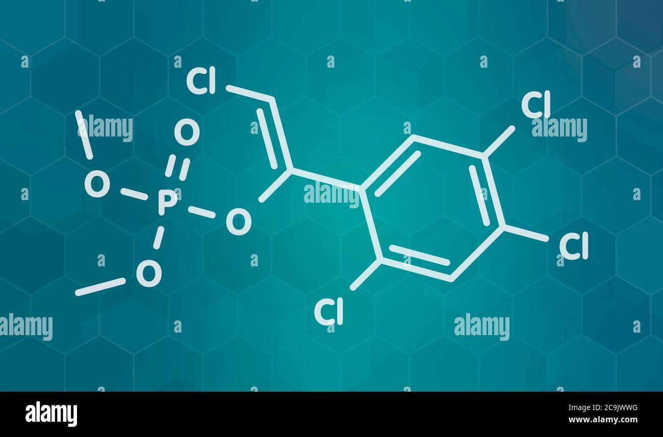Tetrachlorvinphos organophosphate insecticide molecule. White skeletal ...