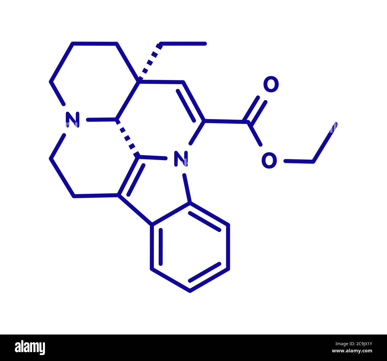 Vinpocetine molecule. Semisynthetic vinca alkaloid derivative, used as ...