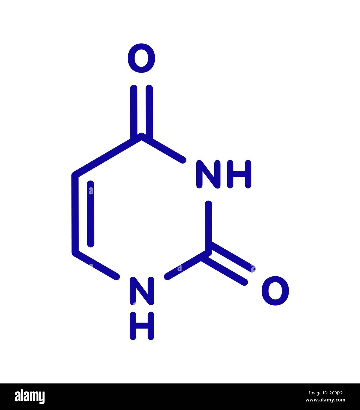 Uracil (U) nucleobase molecule. Present in ribonucleic acid (RNA). Blue ...