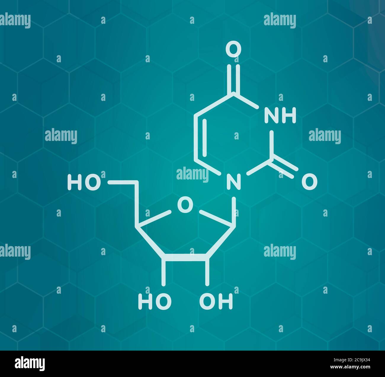 Uridine nucleoside molecule. Building block of RNA. White skeletal ...
