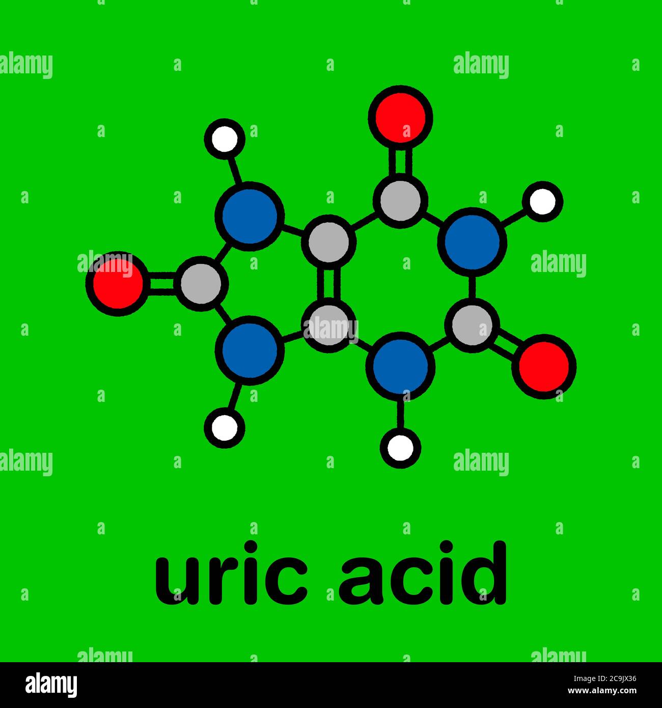 Uric acid molecule. High blood levels lead to gout disease. Stylized ...