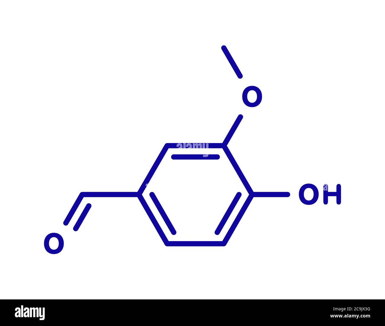 Vanillin vanilla extract molecule. Blue skeletal formula on white ...