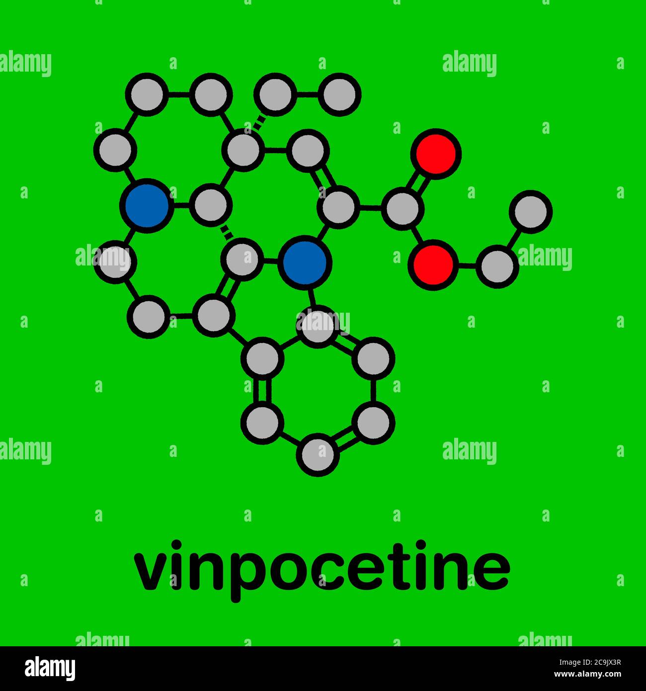 Vinpocetine molecule. Semisynthetic vinca alkaloid derivative, used as ...
