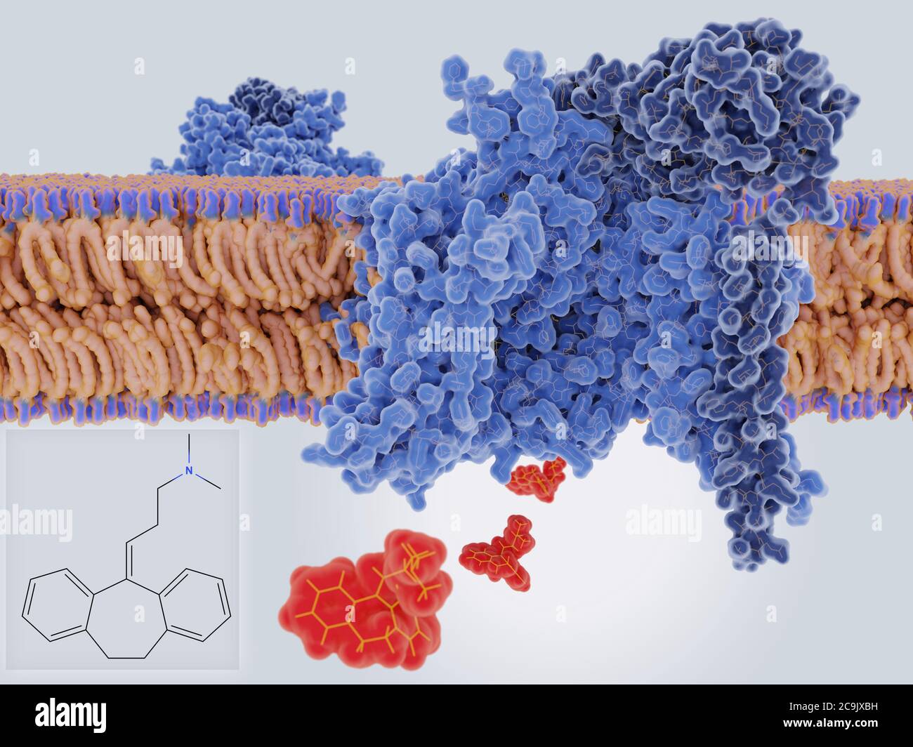 Amitriptyline antidepressant drug action. Illustration of a molecule of ...