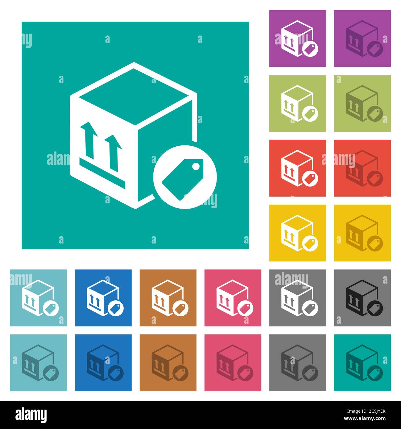 Package labeling multi colored flat icons on plain square backgrounds ...