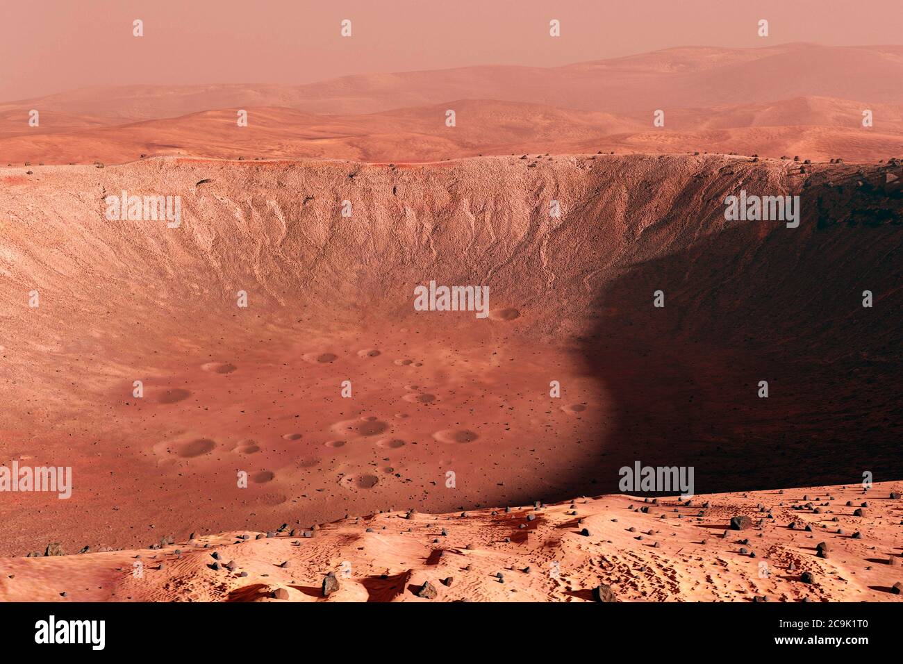 Illustration of a view over the rim of a crater on Mars. Mars is the ...