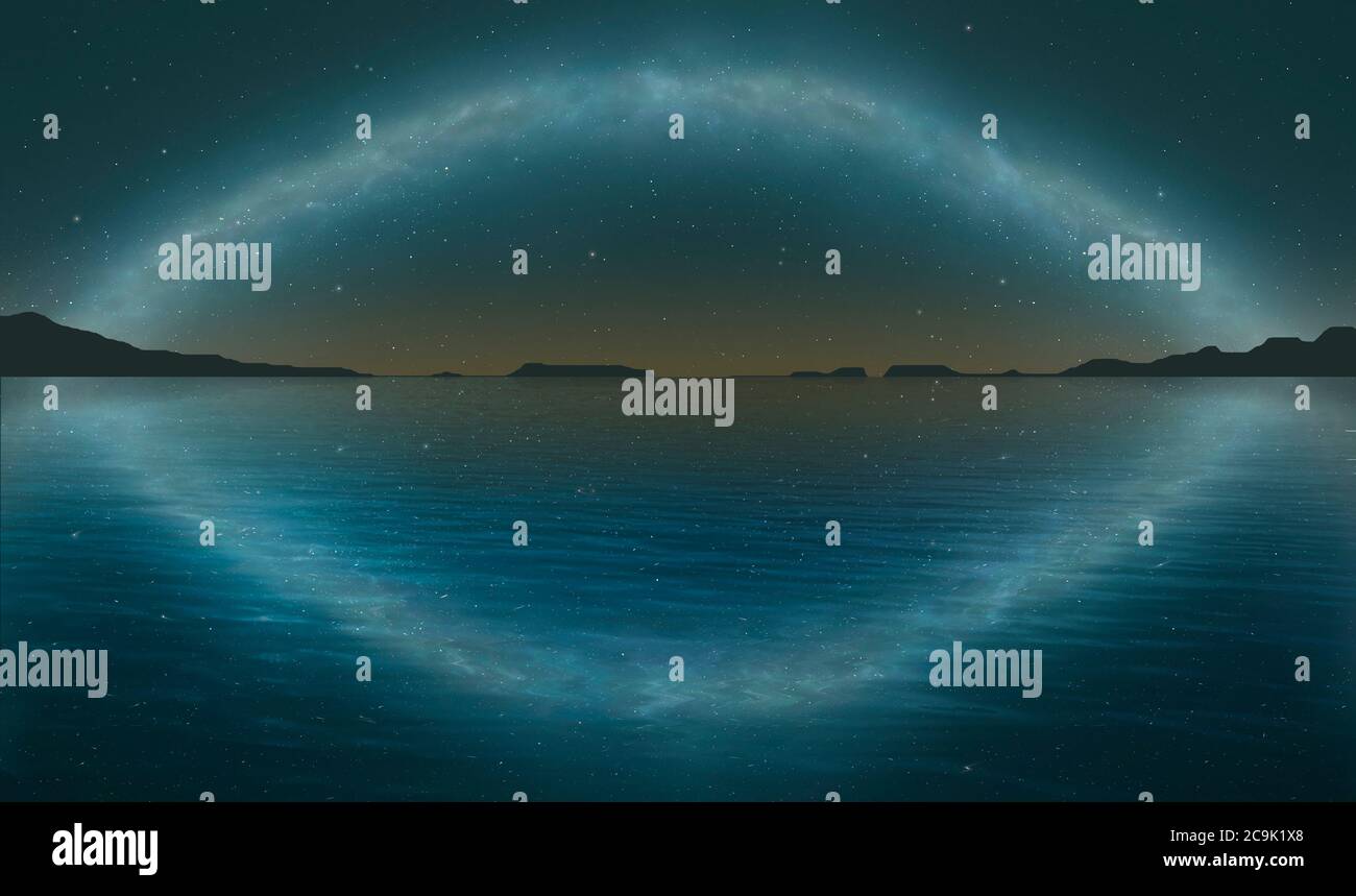 Illustration of the Milky Way galaxy seen as an arch over a stretch of ...