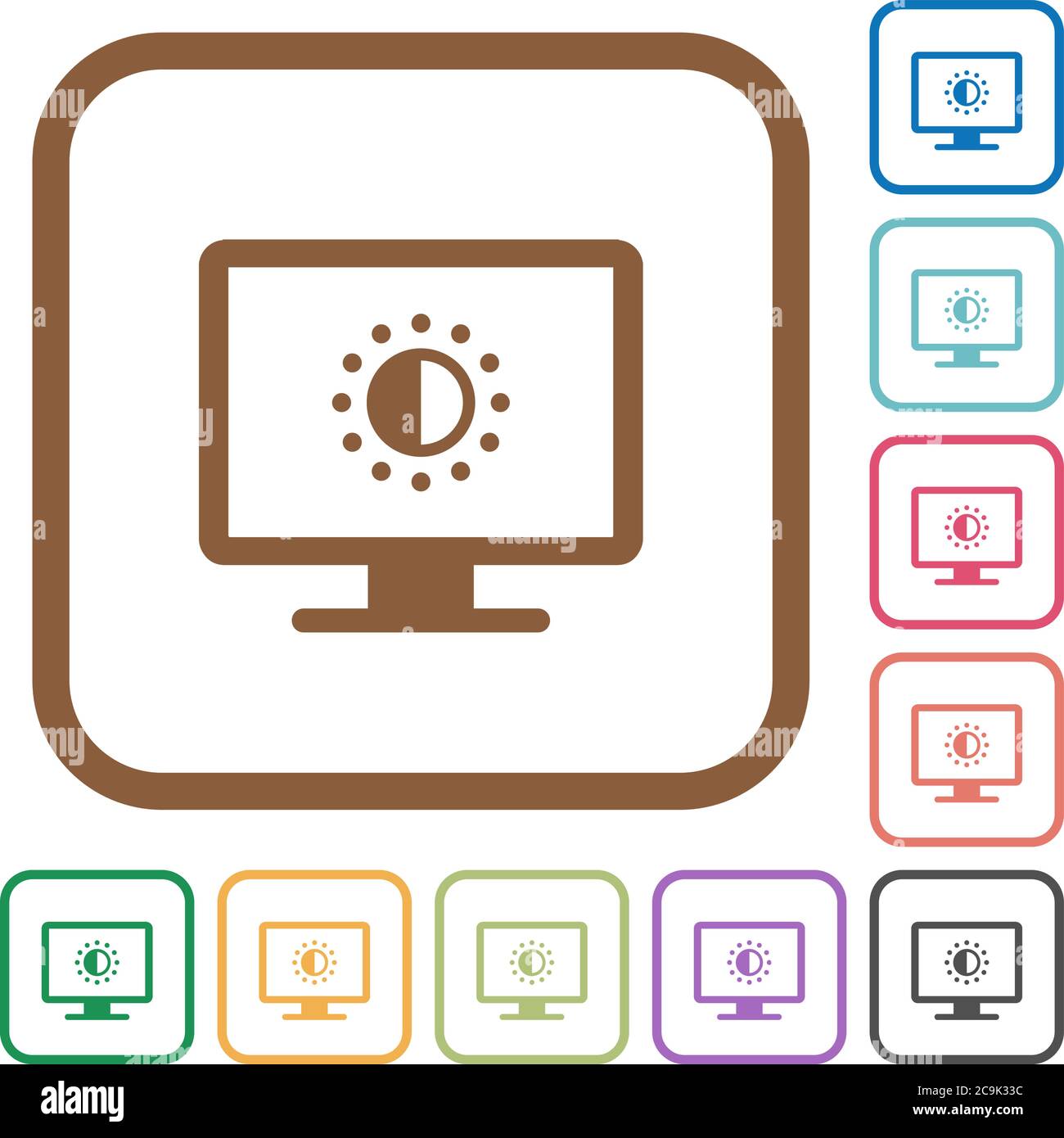 Adjust screen saturation simple icons in color rounded square frames on white background Stock ...