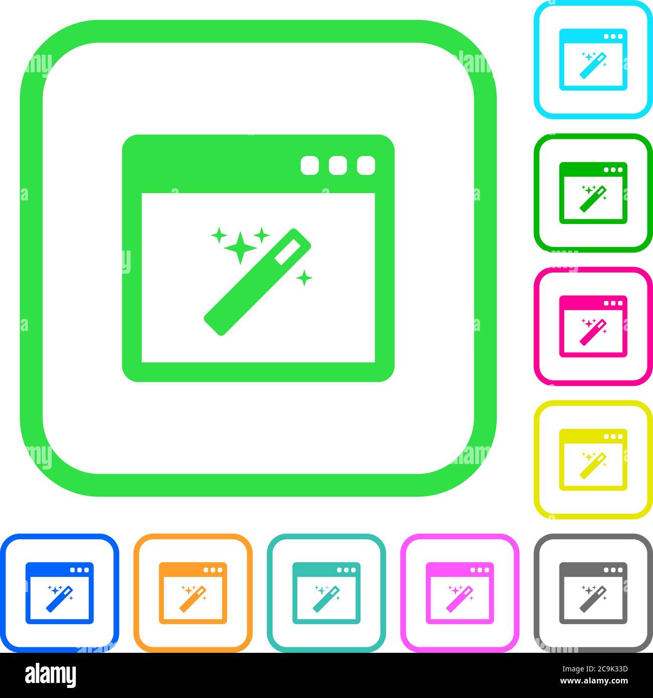 Application wizard vivid colored flat icons in curved borders on white ...