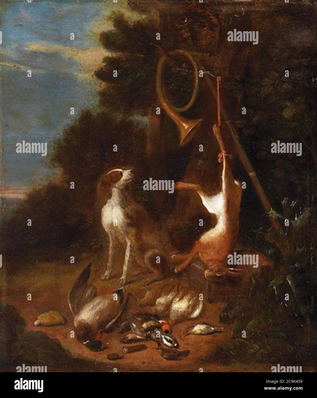 Jan Baptist Nollekens - Hounds and hunting game in a wooded landscape ...