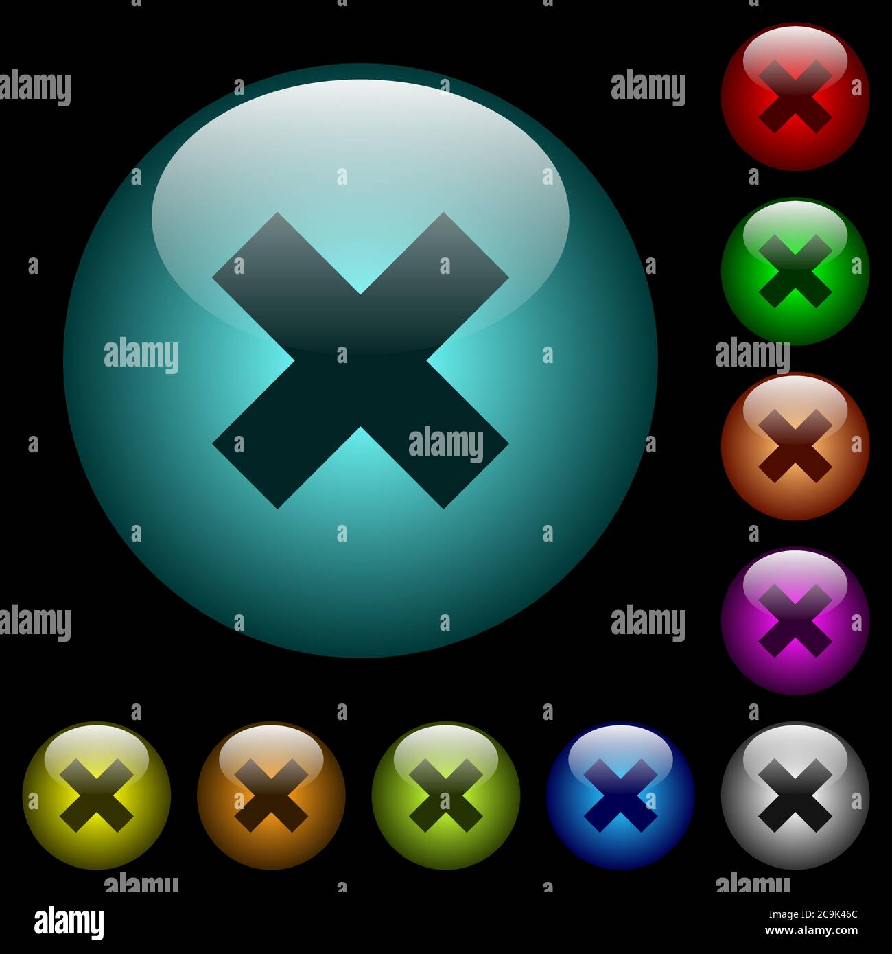 Cancel icons in color illuminated spherical glass buttons on black ...