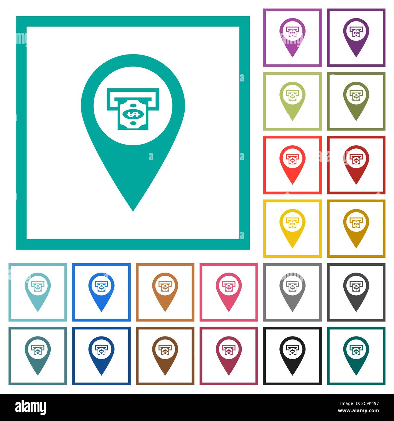 Bank ATM GPS map location flat color icons with quadrant frames on ...