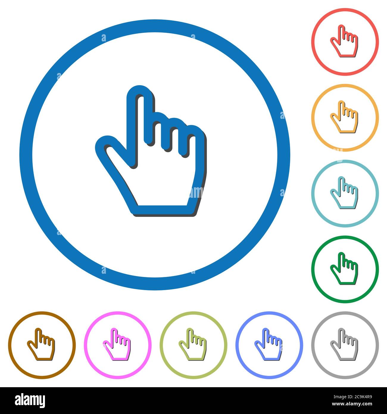 Hand cursor flat color vector icons with shadows in round outlines on ...