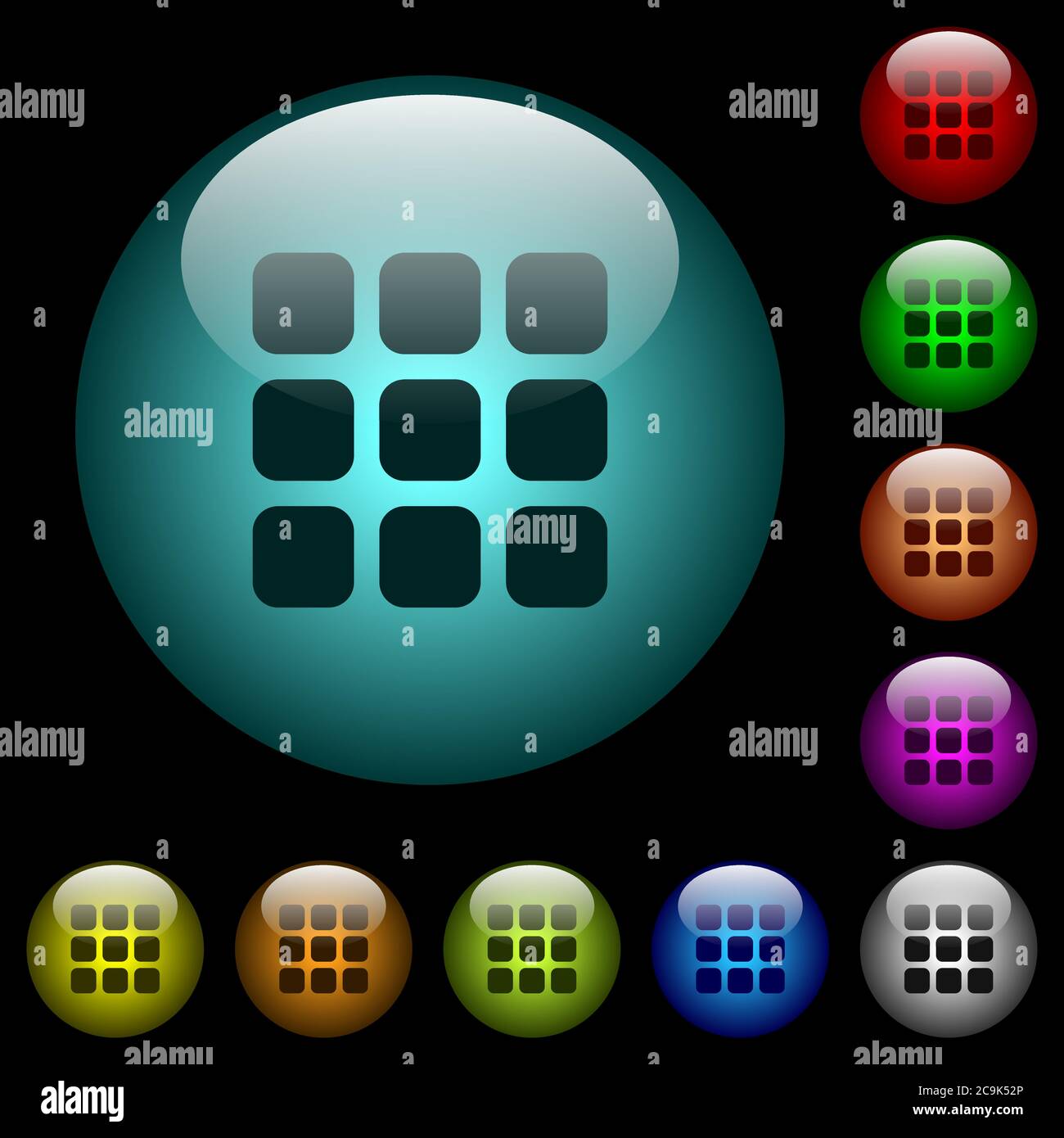 Small thumbnail view mode icons in color illuminated spherical glass ...