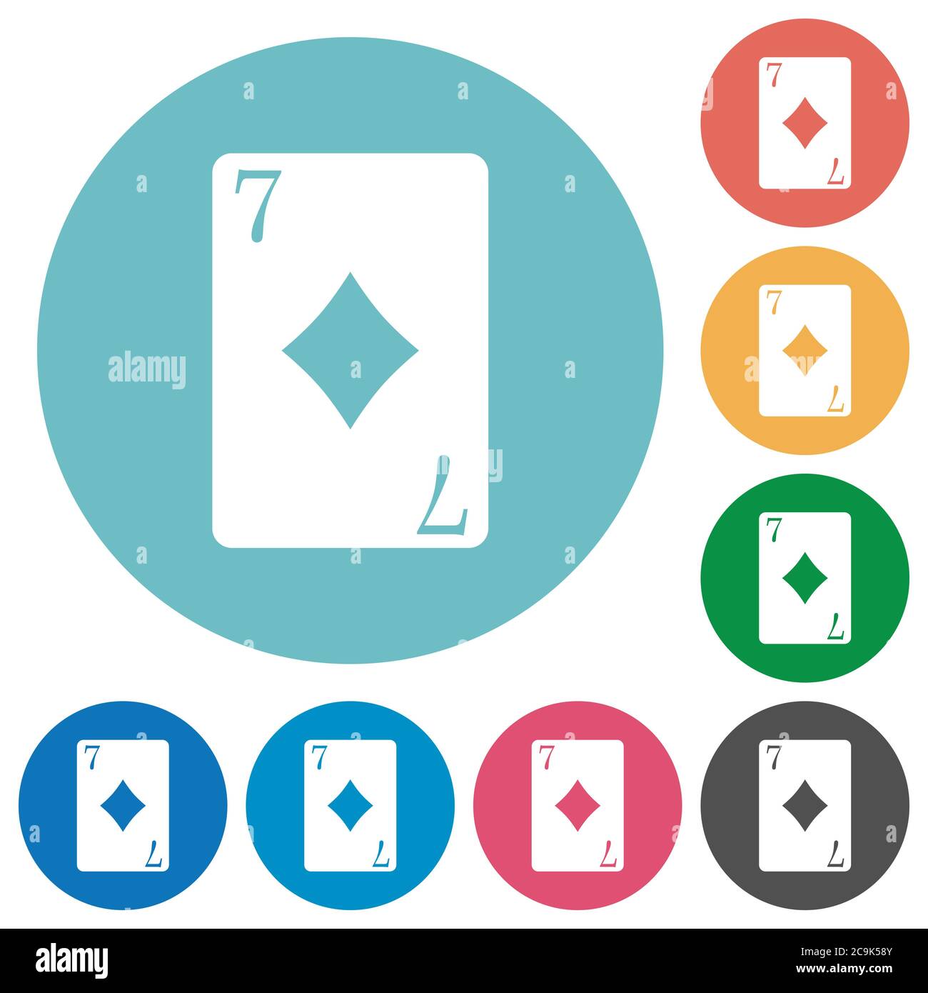 Seven of diamonds card flat white icons on round color backgrounds ...