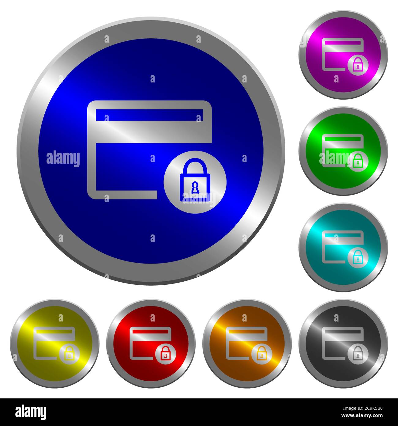 Lock credit card transactions icons on round luminous coin-like color ...