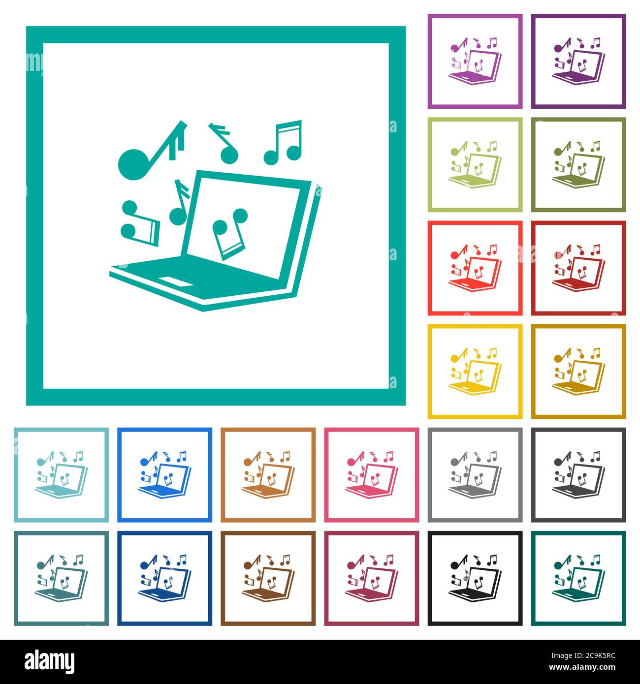 Laptop with music symbols flat color icons with quadrant frames on ...