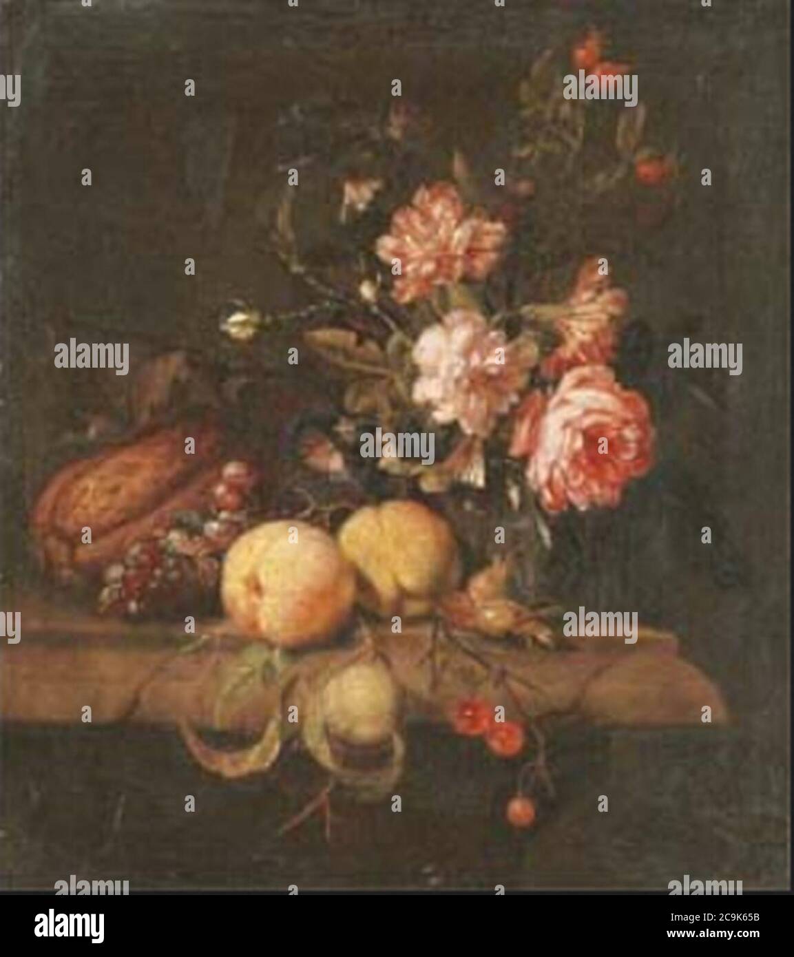 Jan Frans van Son - Peaches roses a marrow grapes an orange on the ...