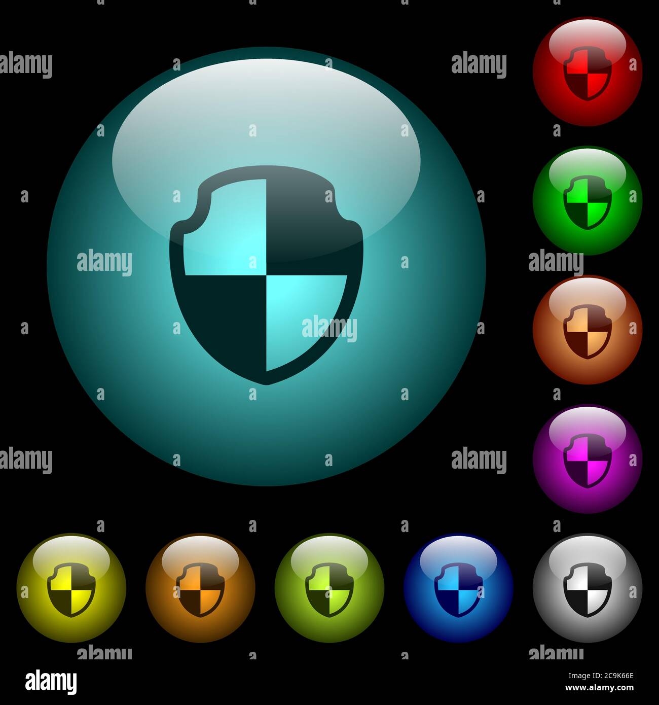 Shield icons in color illuminated spherical glass buttons on black ...