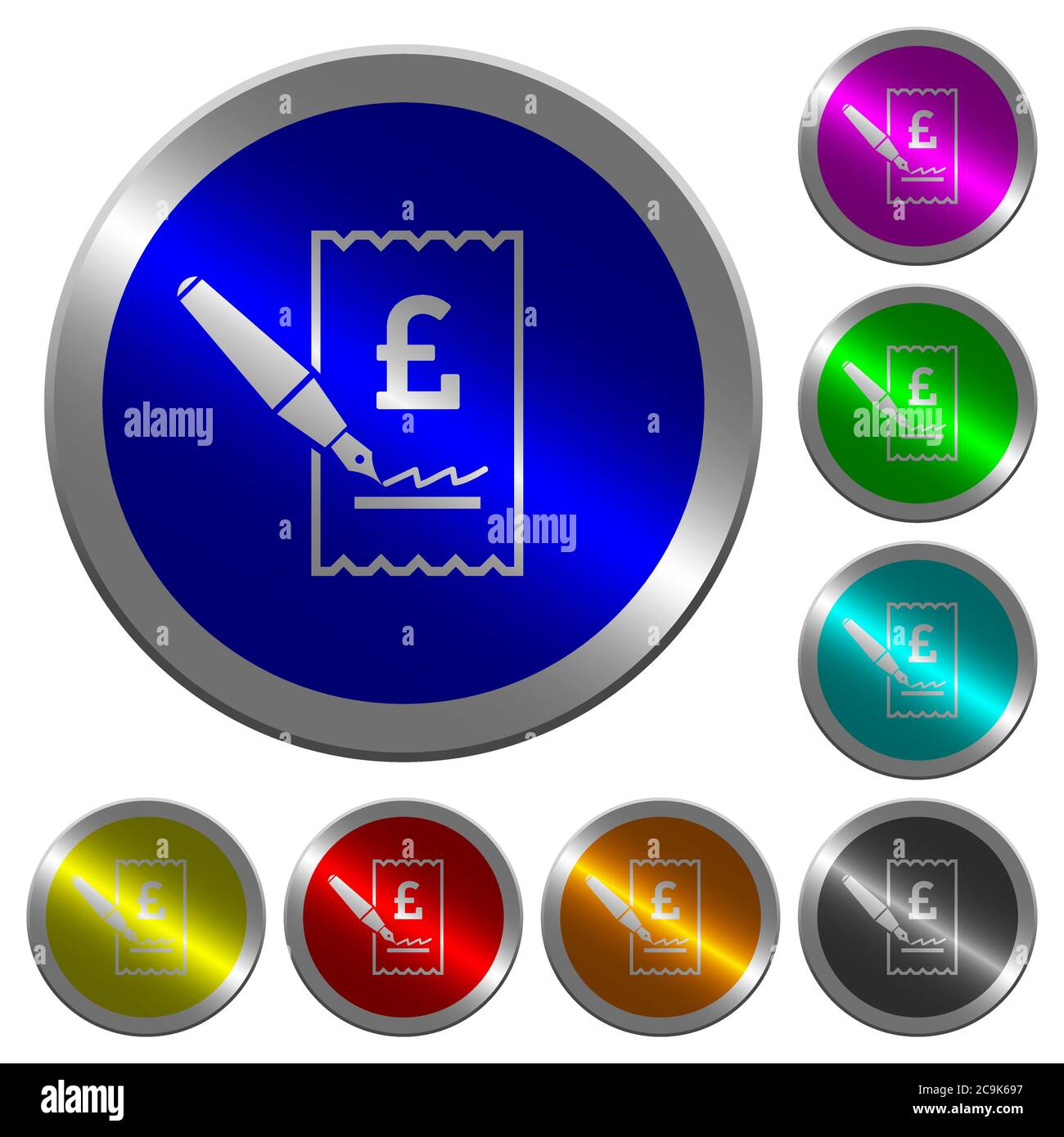 Signing Pound cheque icons on round luminous coin-like color steel ...