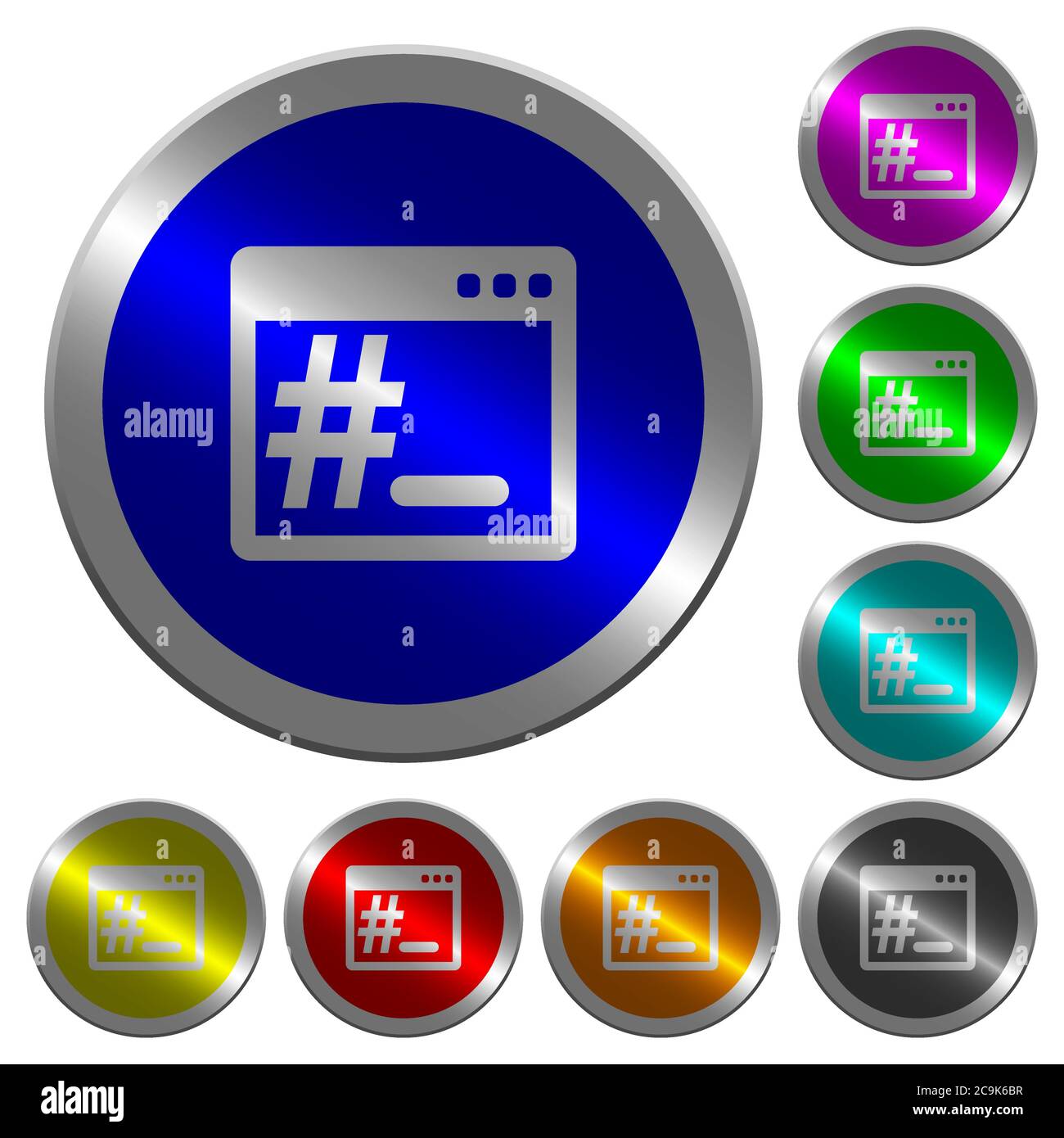 Root terminal icons on round luminous coin-like color steel buttons ...