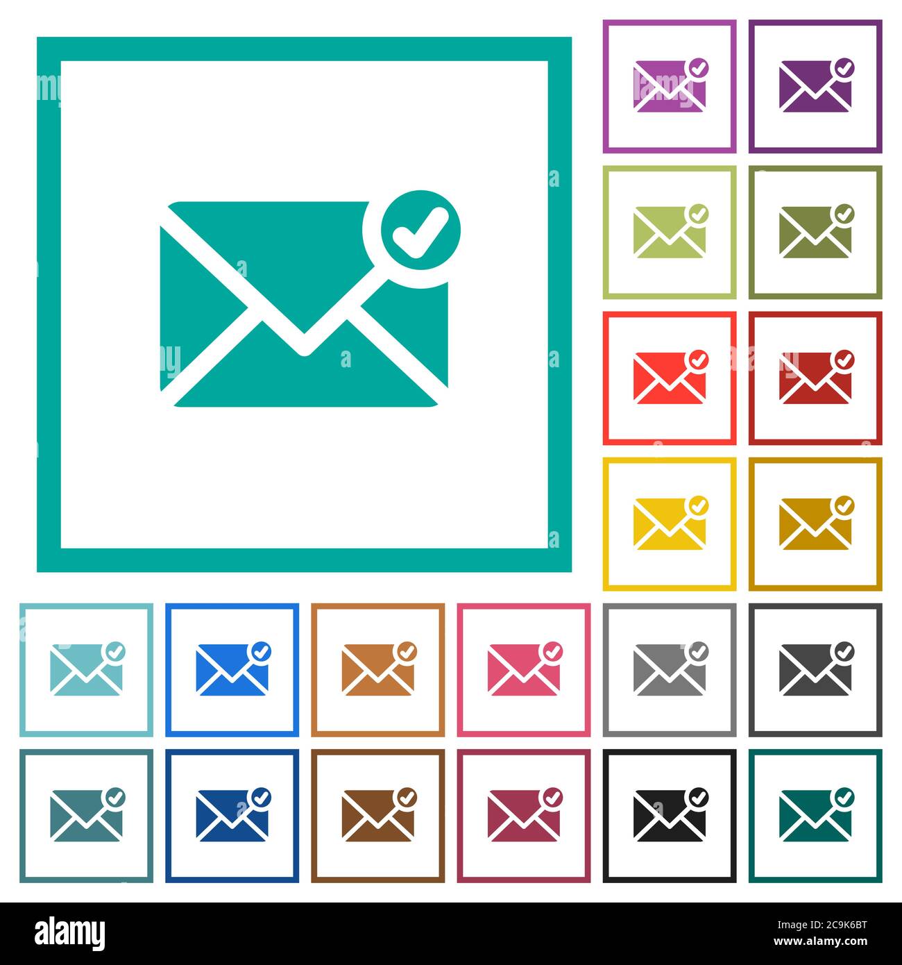 Mail sent flat color icons with quadrant frames on white background ...