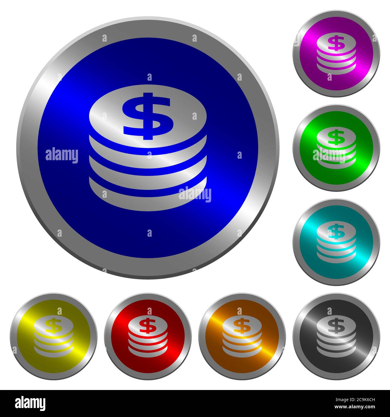 Dollar coins icons on round luminous coin-like color steel buttons ...